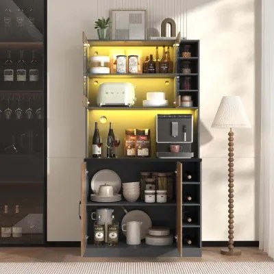 Aosom Kuchyňské vysoké skříňové centrum s vyztuženým skleněným oddělením a LED ambientním osvětlením, výškově nastavitelné boční odkládací přihrádky,…