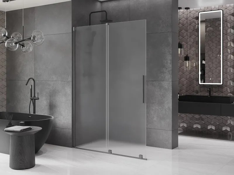 Mexen Velar, sprchová zástěna s posuvnými dveřmi Walk-in 150 x 200 cm, 8mm sklo námraza, grafit broušený, 871-150-000-33-66