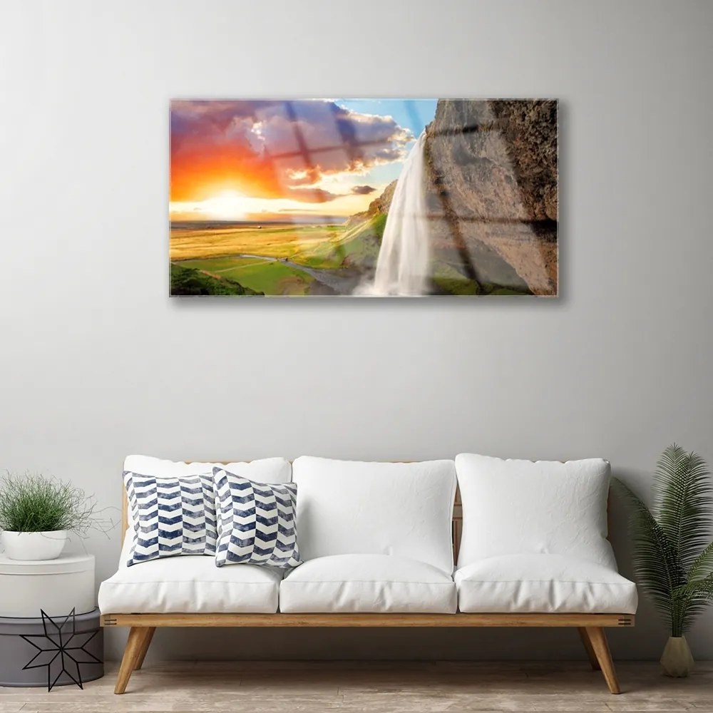 Obraz na skle Vodopád Slunce Krajina 120x60 cm