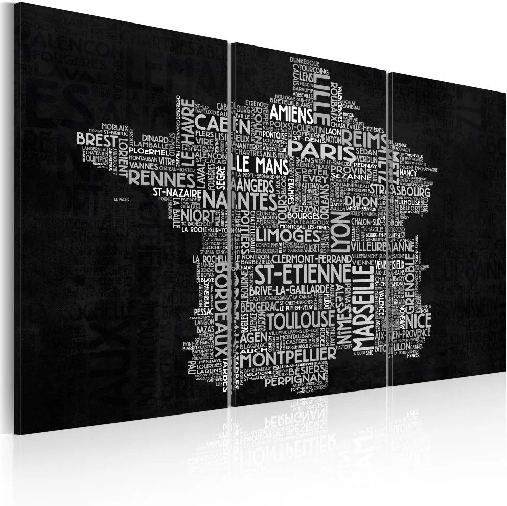 Obraz na plátně Bimago - Text map of France on the black background - triptych 60x40 cm