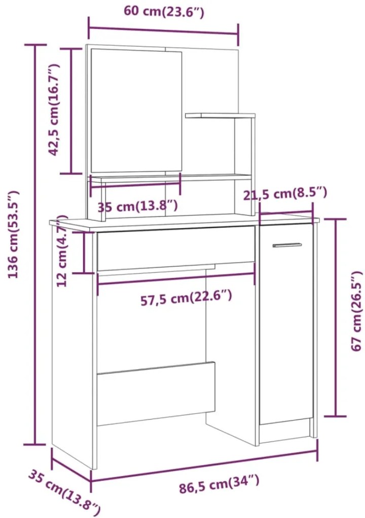 vidaXL Toaletní stolek se zrcadlem bílý 86,5x35x136 cm