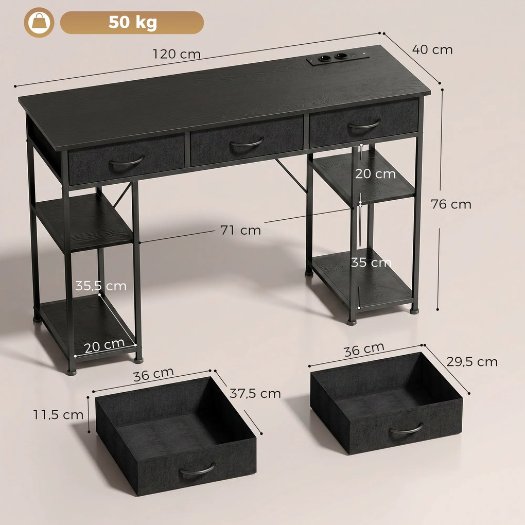HOMCOM Psací stůl s úložným prostorem a zásuvkami, 3 látkové zásuvky a 4 úložné přihrádky, 120 x 40 x 76 cm, černý