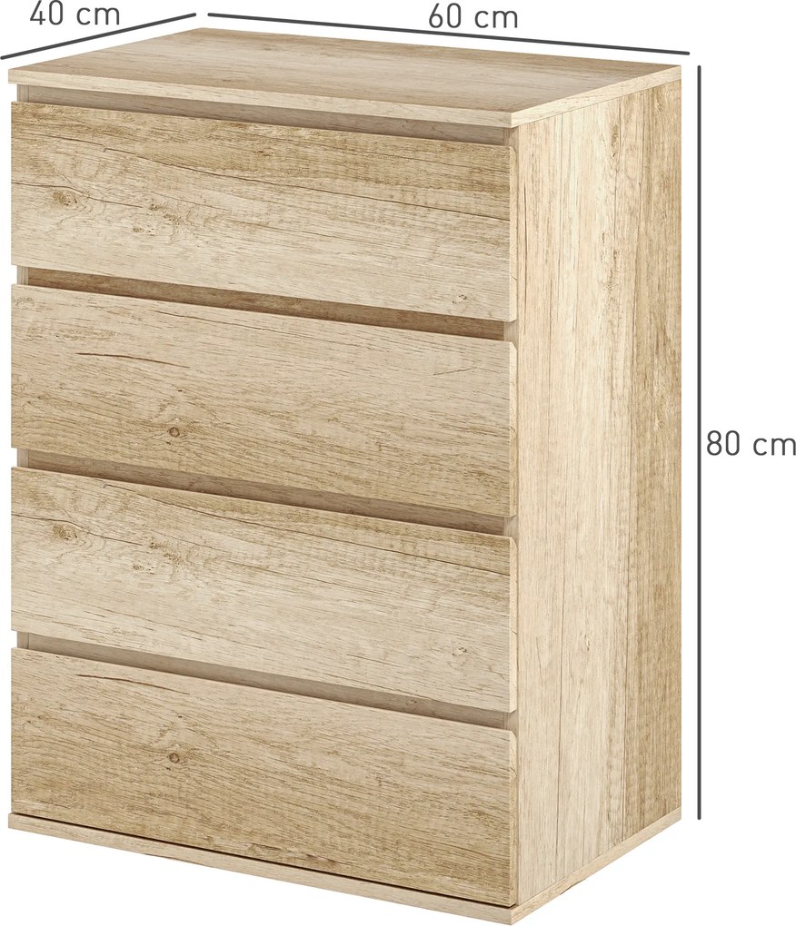 HOMCOM Skříňka se 4 zásuvkami, Moderní úložný kabinet pro ložnici s mechanismem měkkého zavírání – 60 x 40 x 80 cm, Přirodní dřevo