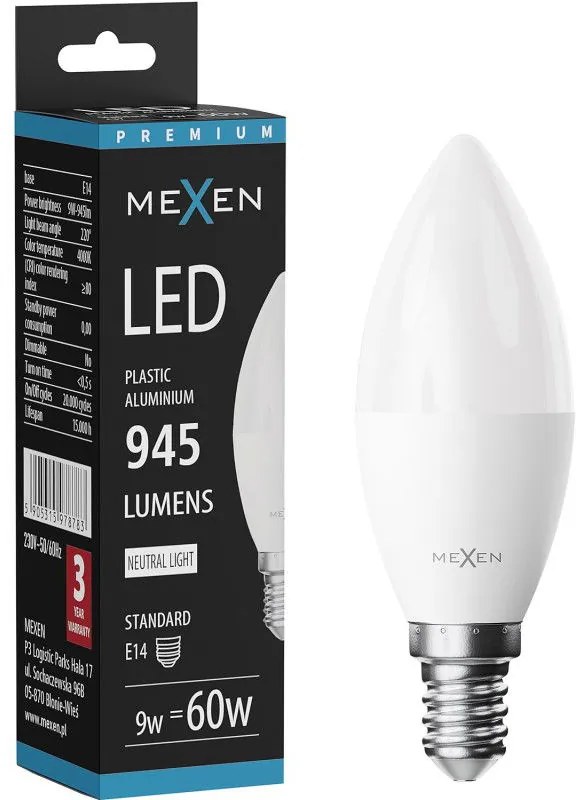 Mexen Nova, LED žárovka E14, C37, 9W, teplá - 3000K, 945 lm - L102-E14-0930-01