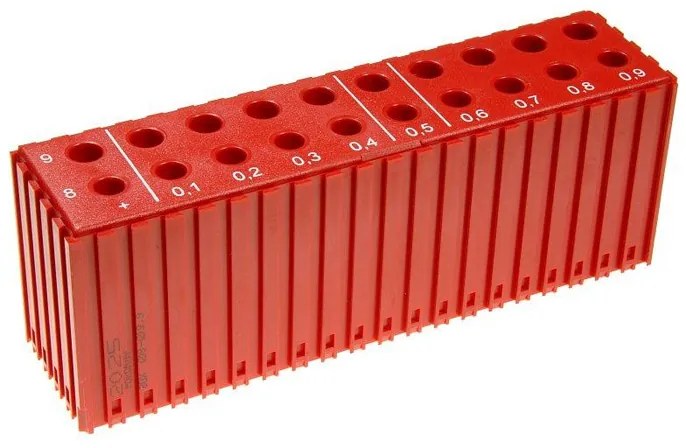 Plastový box pro ukládání vrtáků o průměru 8–9,9 mm, modul 20x5, 20 dutin, červená