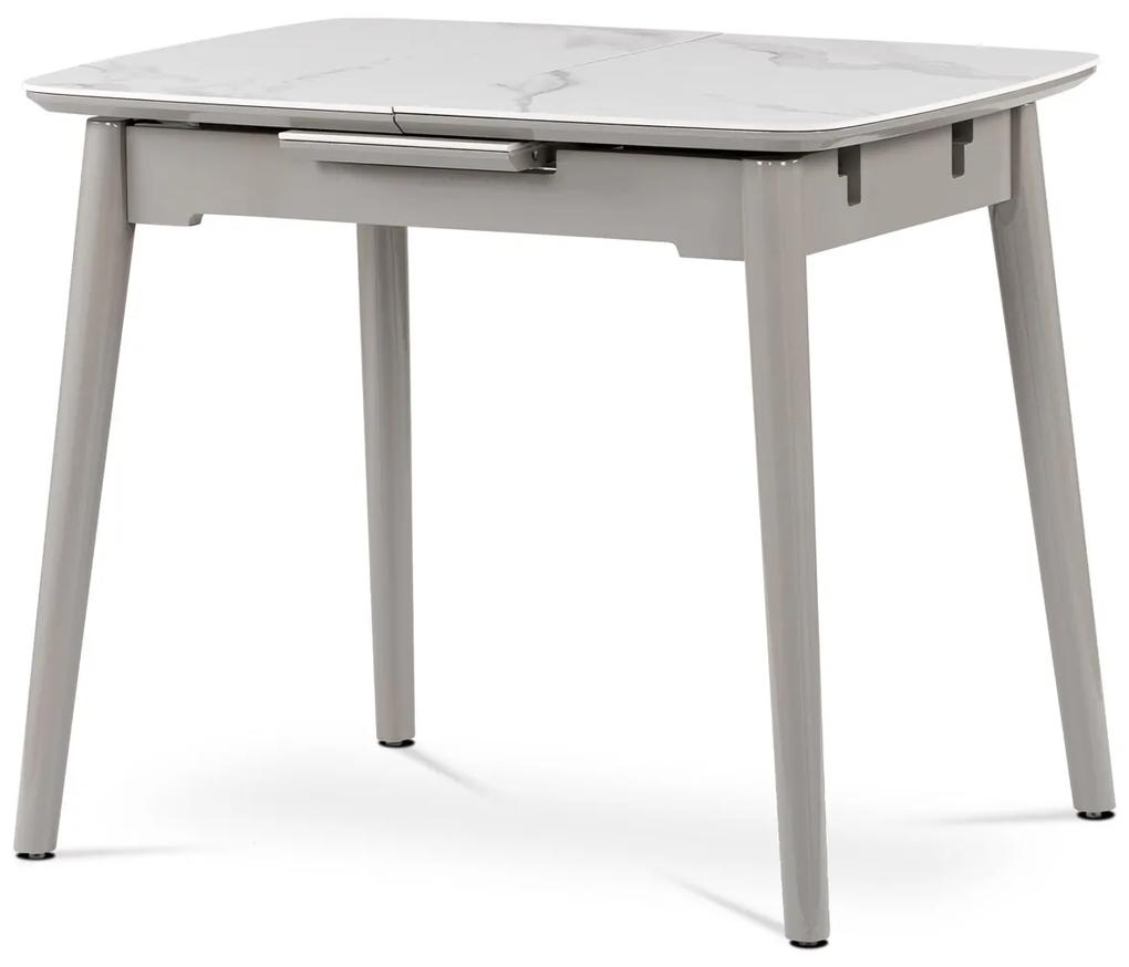 Jídelní stůl 110+30x75 cm, keramická deska bílý mramor, masiv, šedý vysoký lesk - HT-401M WT