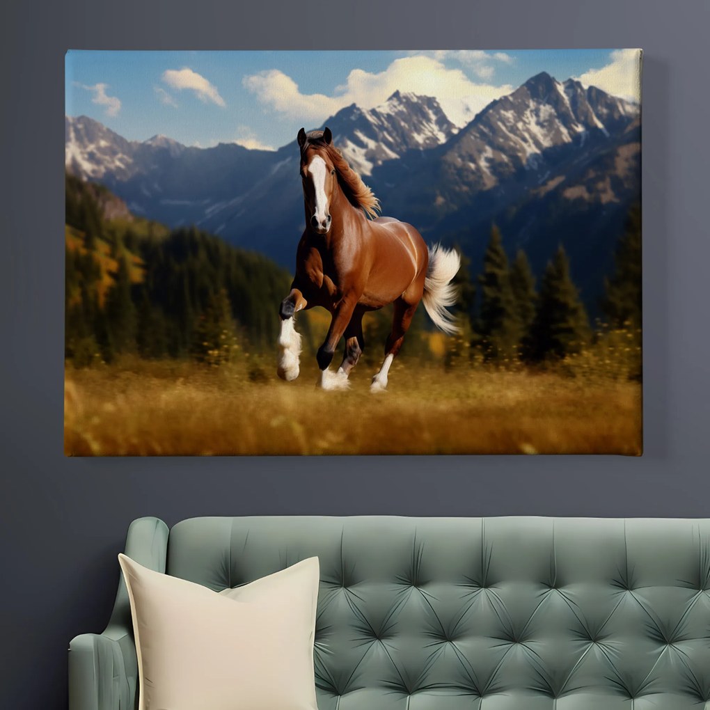 Obraz na plátně - Divoký kůň Majesty na planině v horách FeelHappy.cz Velikost obrazu: 90 x 60 cm
