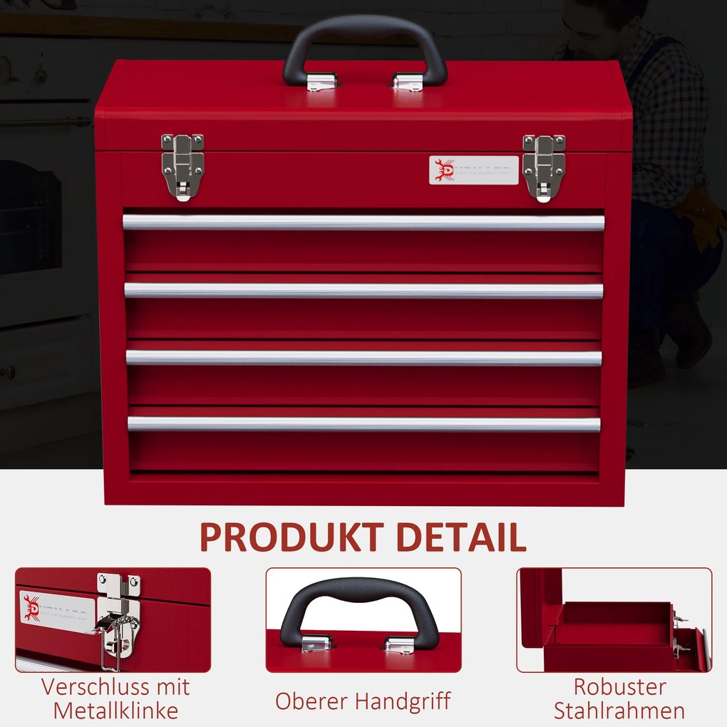 DURHAND box na nářadí prázdný, 51 x 22 x 39,5 cm Box na nářadí se 4 zásuvkami, horní úložný prostor, rukojeť, box na nářadí se zámkem, ocel| Aosom