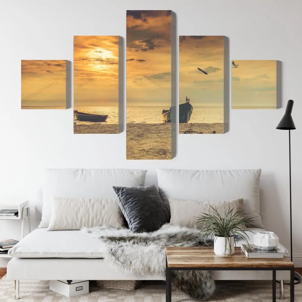 Vícedílný obraz Lodě Na Pláži Při Západu Slunce Nedostatek Nedostatek Plátno Canvas 150x90