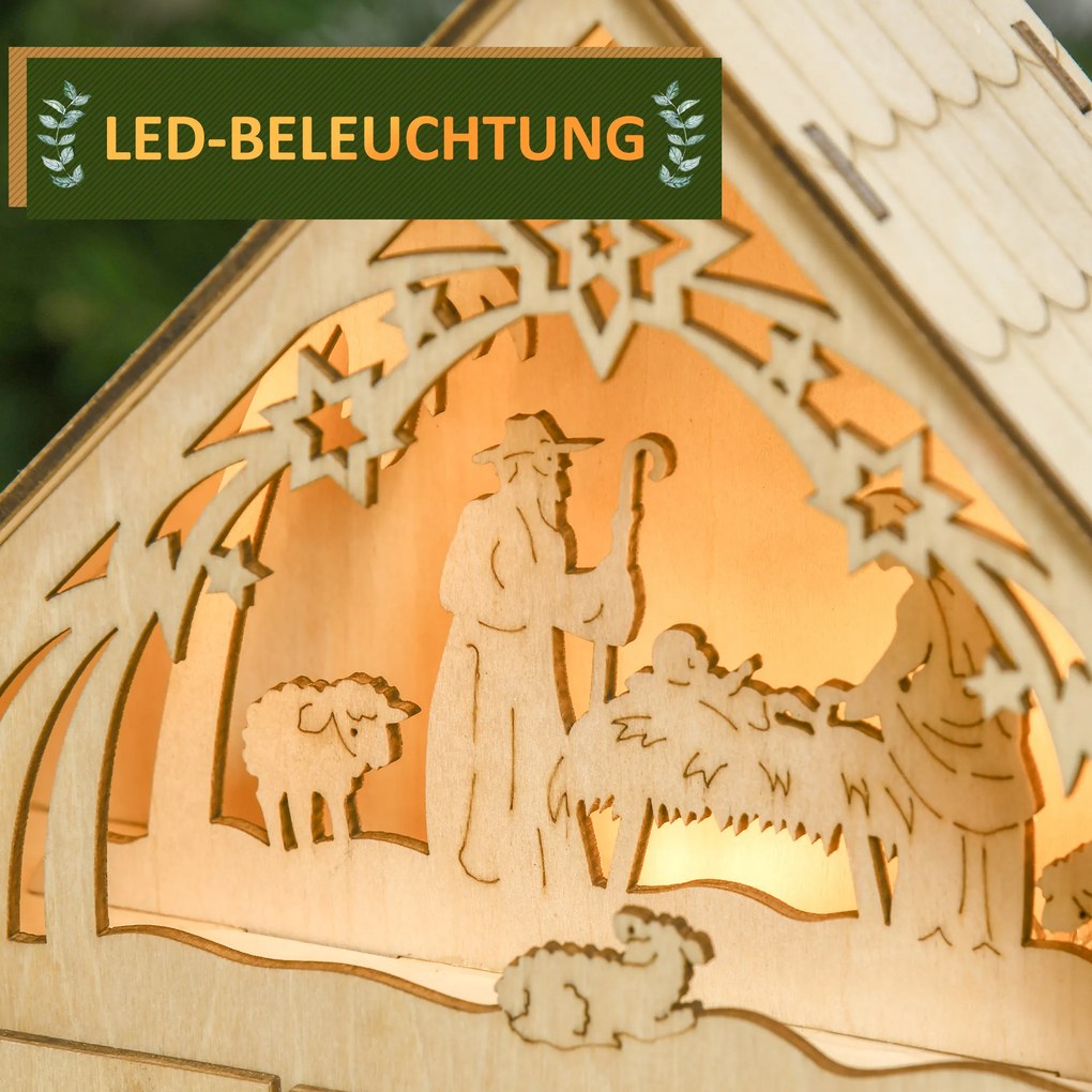 HOMCOM Adventní kalendář s LED osvětlením, 24 zásuvek, scéna betlému, 26,6 x 30 cm, vzhled dřeva