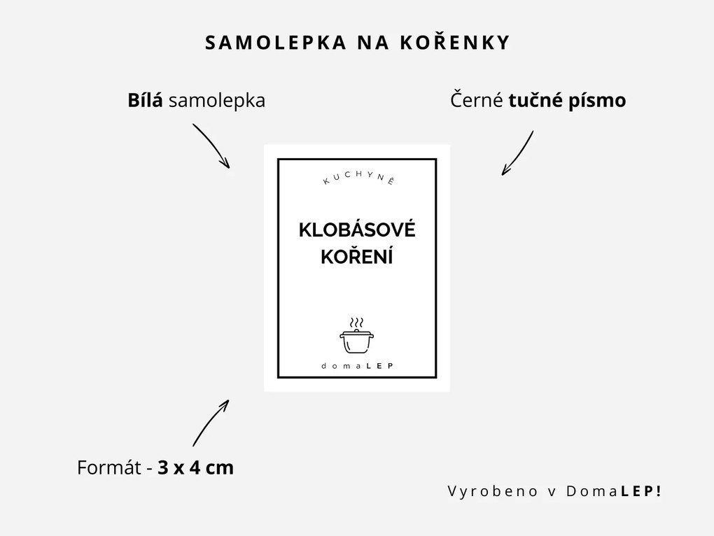 KLOBÁSOVÉ KOŘENÍ - Samolepka na kořenky 3 x 4 cm - DomaLEP varianta: BÍLÁ - základní písmo