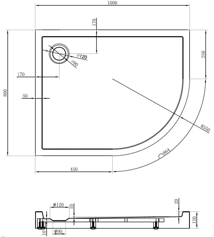 Mexen Flow+, čtvrtkruhová asymetrická sprchová vanička, levá, 100 x 80 cm, bílá lesklá, 46Q108010LH