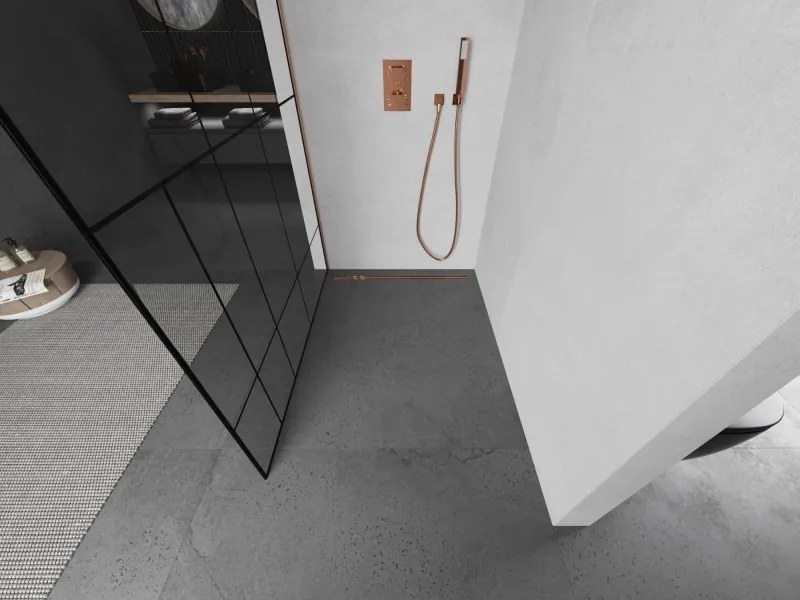 Mexen Kioto, sprchová zástěna Walk-In 100 x 200 cm, 8mm čiré sklo černý vzor, měděný matný profil, 800-100-101-65-78
