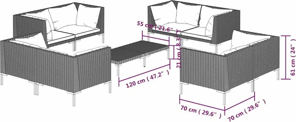 9dílná zahradní sedací souprava a podušky polyratan tmavě šedá 3099809