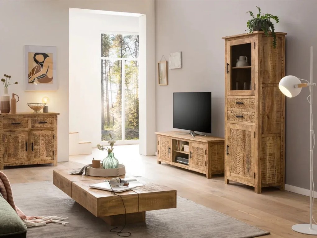 furniture-nabytek.cz - Masivní vitrína Mumbari Mango z mangového dřeva, lakovaná, hnědá