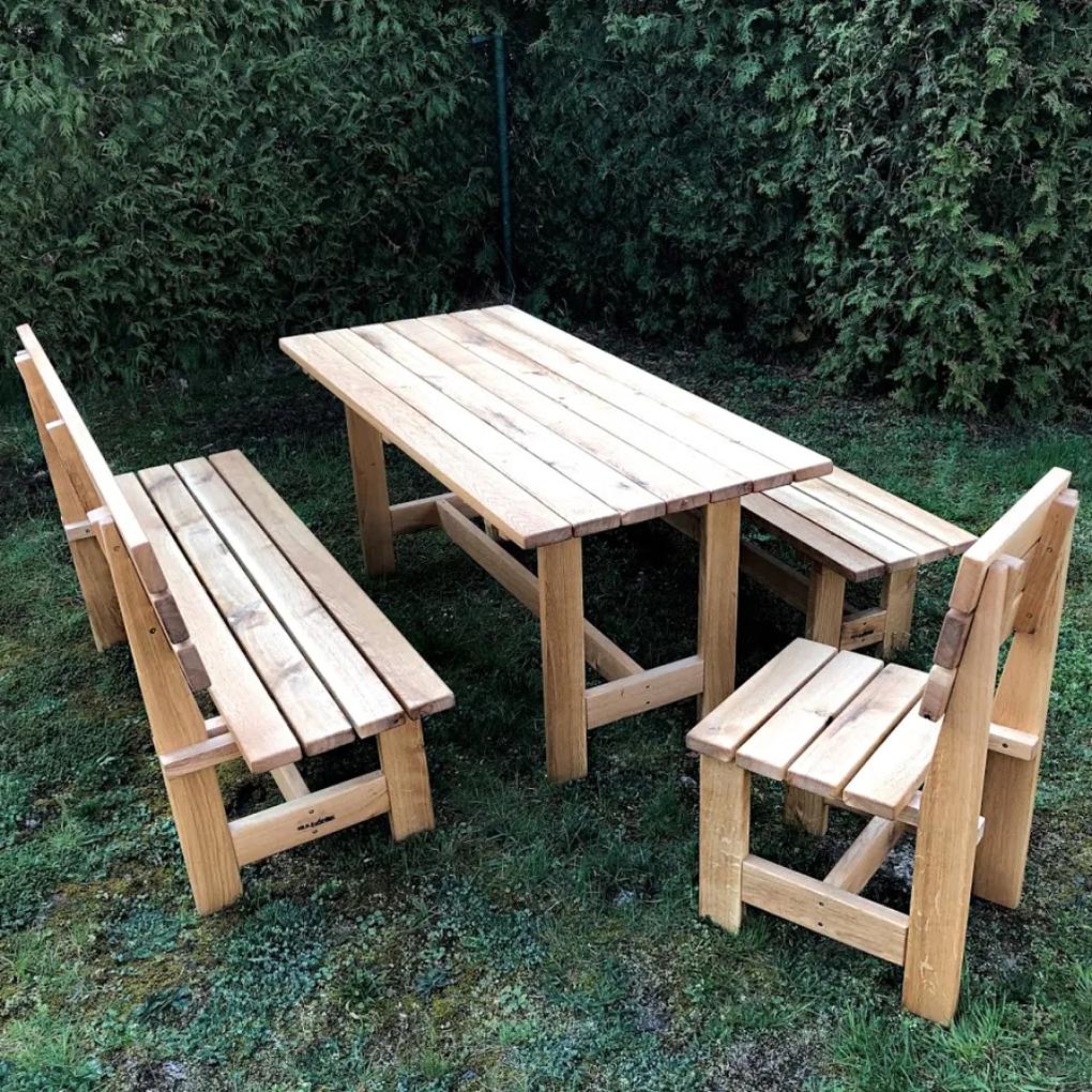 KULHÁNEK Zahradní dubová sestava - stůl, 1x lavice s opěradlem, 1x lavice bez opěradla, 1x židle (klasické provedení) Délka: 150 cm, Odstín nátěru: individuální