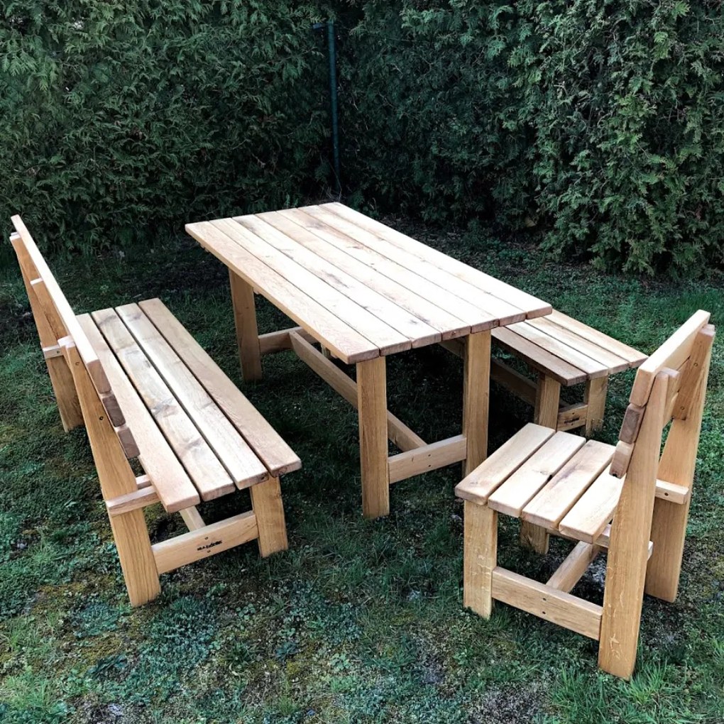 KULHÁNEK Zahradní dubová sestava - stůl, 1x lavice s opěradlem, 1x lavice bez opěradla, 1x židle (klasické provedení) Délka: 180 cm, Odstín nátěru: lazura - pinia