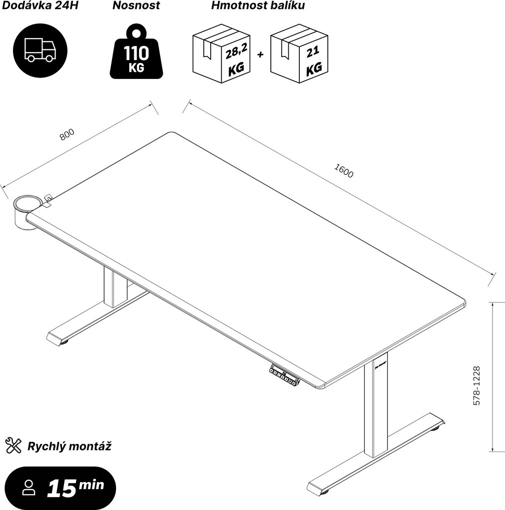 Elektrický stůl s regulací výšky ergonomický antracitový/dub sonoma,1600x800 mm: ARIA