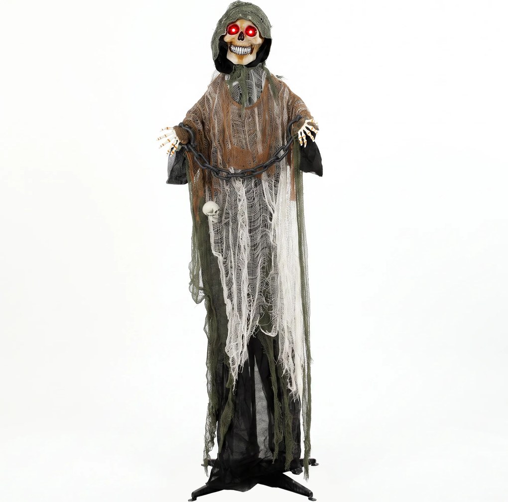 HOMCOM Animovaný Smrtka, 170 cm, životní velikost Halloween animatroniky s pohyblivýma rukama/hlavou, svítícíma očima a strašidelným zvukem
