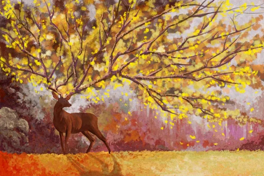 Obraz Příroda S Jelenem Akvarelem Nedostatek Nedostatek Přírodní plátno 90x60