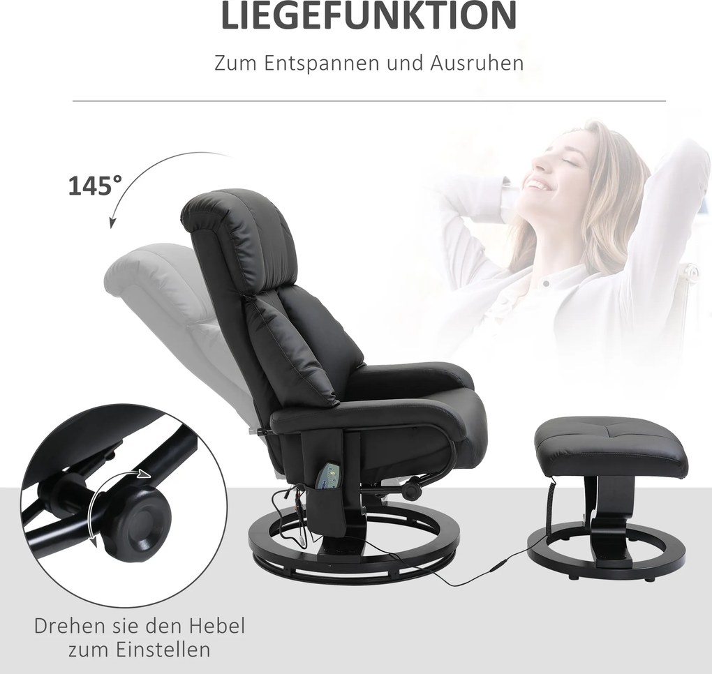 Televizní křeslo HOMCOM s funkcí polohování, hluboké čalounění, vysoký opěrák a područky, otočné o 360°, imitace kůže, 76L x 80W x 102H cm, černá | A…