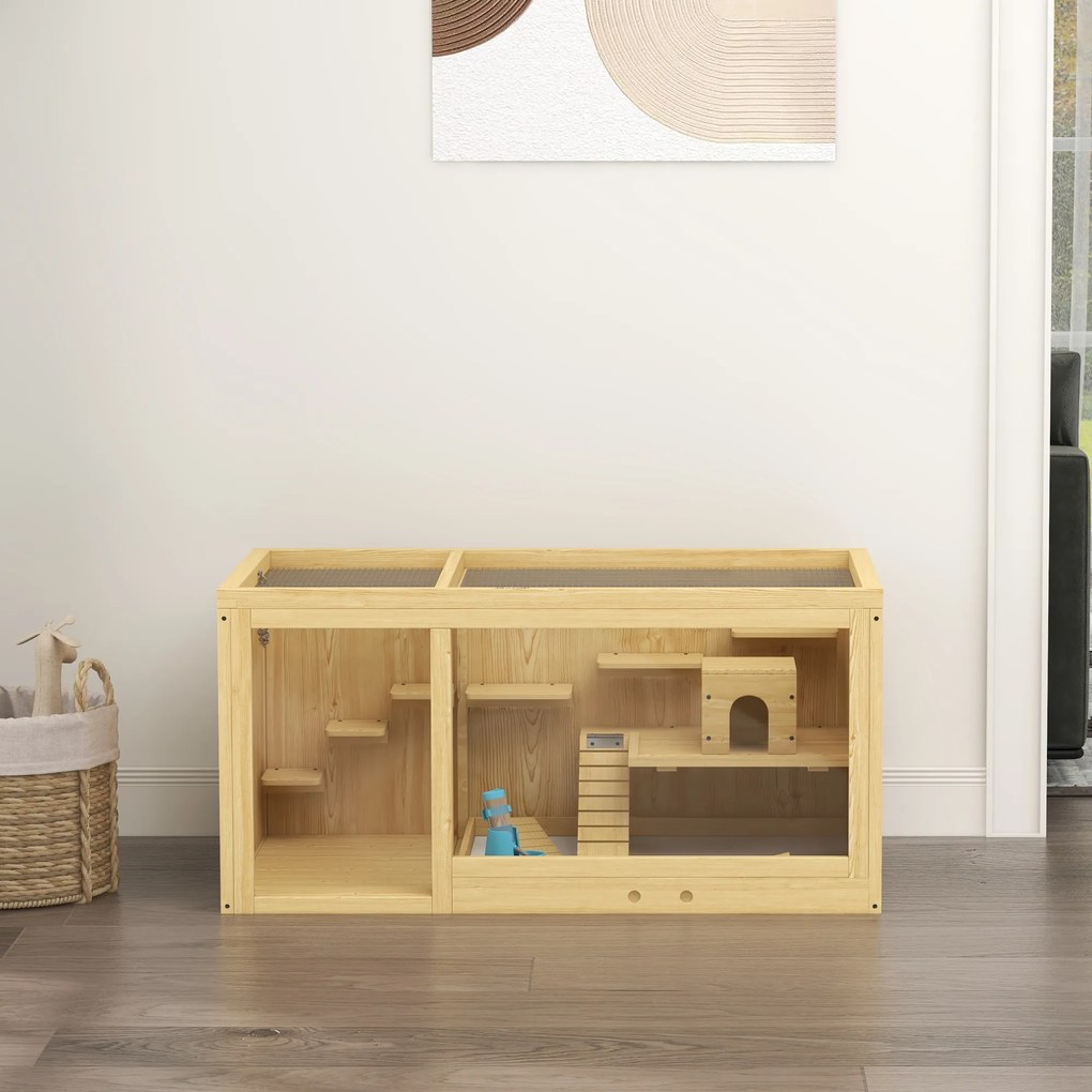 PawHut klec pro křečky dřevěná bouda pro malá zvířata, domeček pro pískomily, s houpačkami, žebříky, otevírací střechou, bouda, 100cm, přírodní