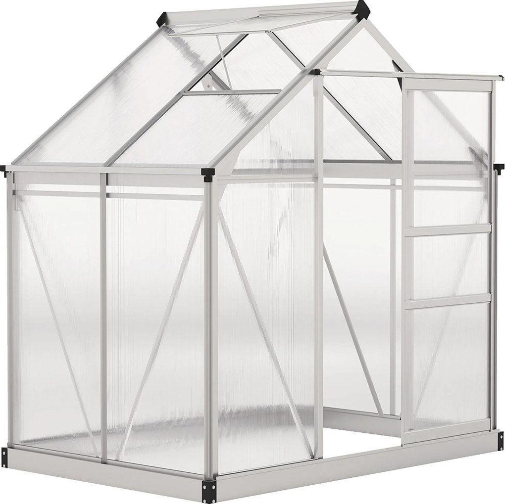 Outsunny hliníkový skleník 2,51 m² — 190 × 132 × 201 cm, pozinkovaný podstavec, střešní větrání, posuvné dveře, 4 mm UV-odolné PC panely — venkovní za