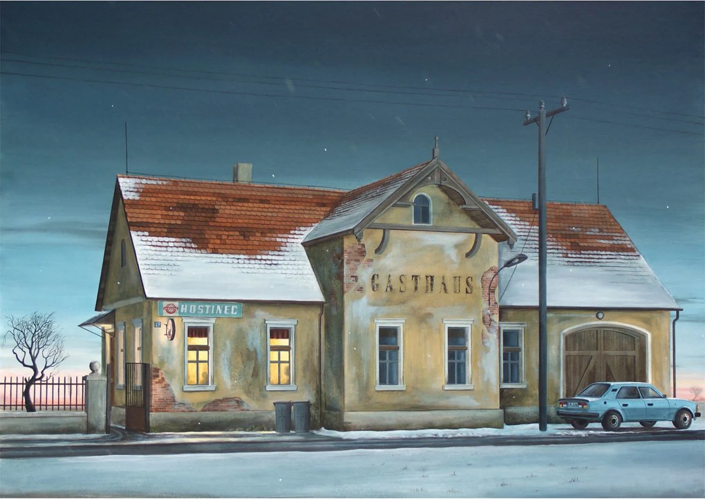 Štěpán Jirák | Hospoda v zimě Rám: Dubový, Velikost: 30 x 40 cm