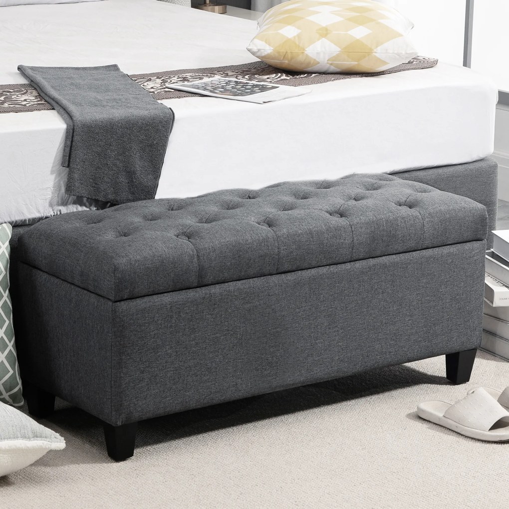 HOMCOM Lavice čalouněná s úložným prostorem 100 x 40 x 44 cm, truhlicová lavice z polyesteru připomínajícího len a kaučukového dřeva v tmavě šedé bar…