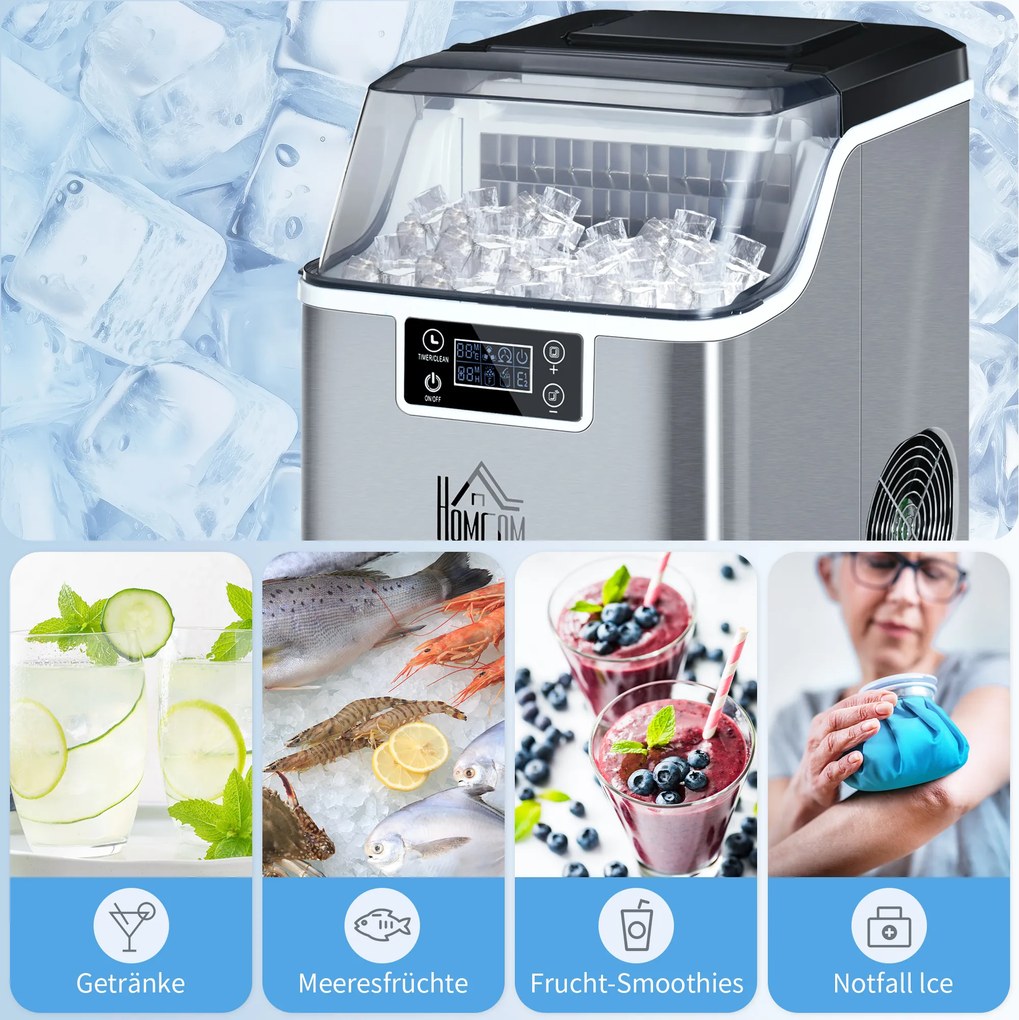 HOMCOM Výrobník kostek ledu, 20 kg/24h 2,3 l, s nádržkou na vodu 3,2 l, automatický čisticí program, nerezová ocel, 25,2 x 36 x 37,1 cm, stříbrná