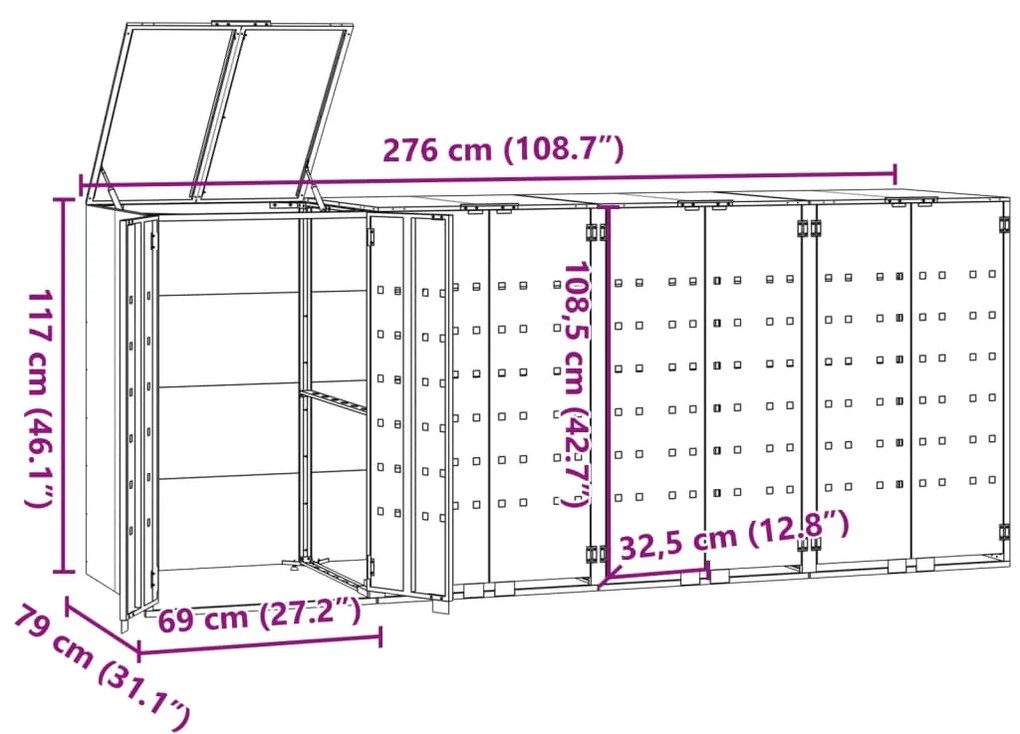 vidaXL Box na 4 popelnice šedý 276 x 79 x 117 cm ocel