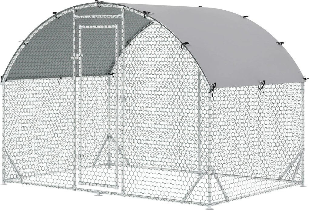 PawHut kurník pro volný chov z oceli, 280 x 190 x 197 cm, kurník s UV-odolnou střechou, dveřmi, kurník pro 4-6 slepic, malé zvířata, stříbrný | Aosom