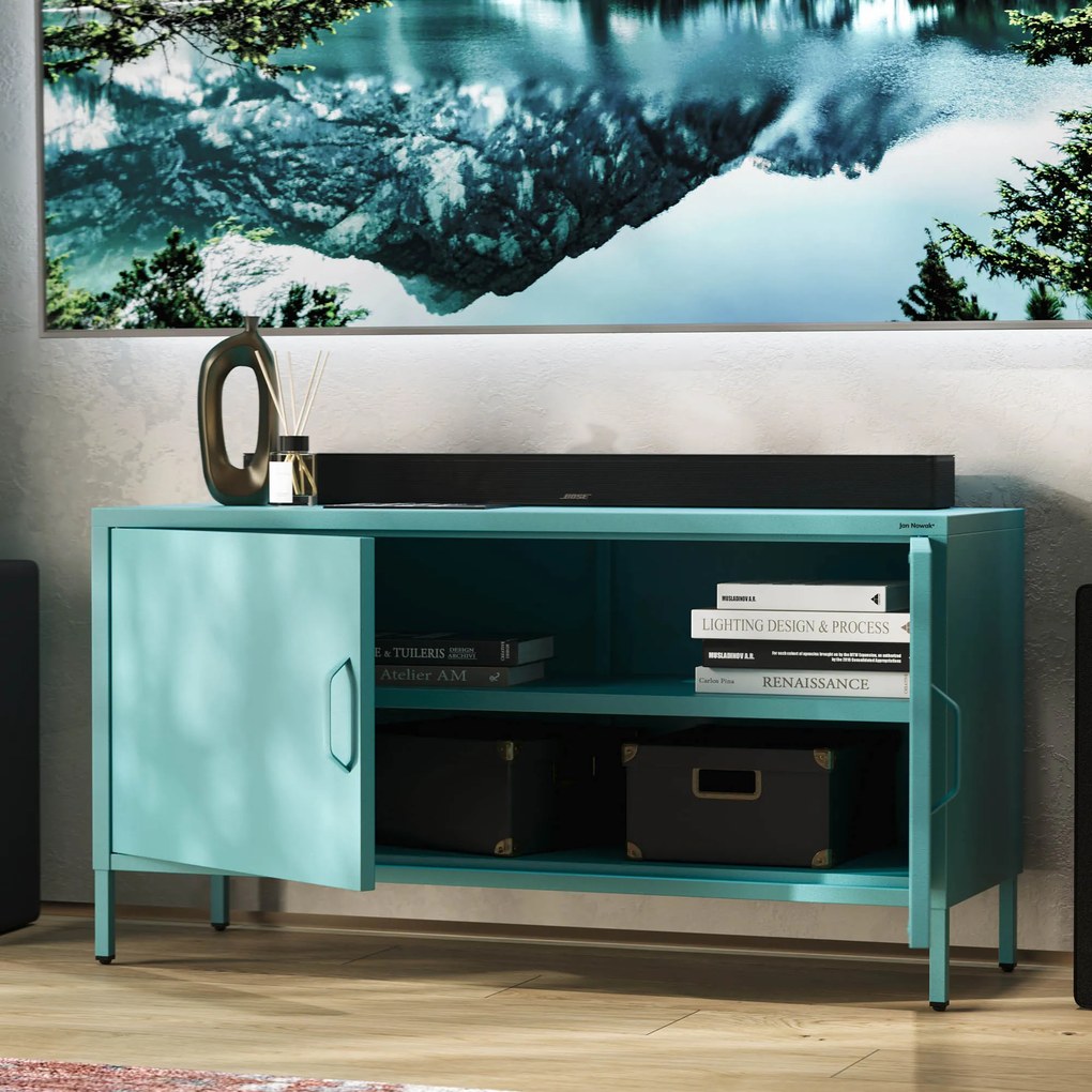 TV stolek kovový na nožkách, mořská modrá, 1150x595x400 mm: ROSA Modern