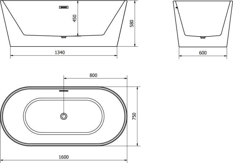 Mexen Luna, volně stojící vana 160 x 75 cm, bílá, broušená ocel přepad, 52031607500-97