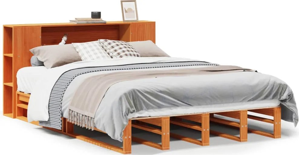 Postel s knihovnou bez matrace hnědá 135 x 190 cm masivní dřevo 3323895