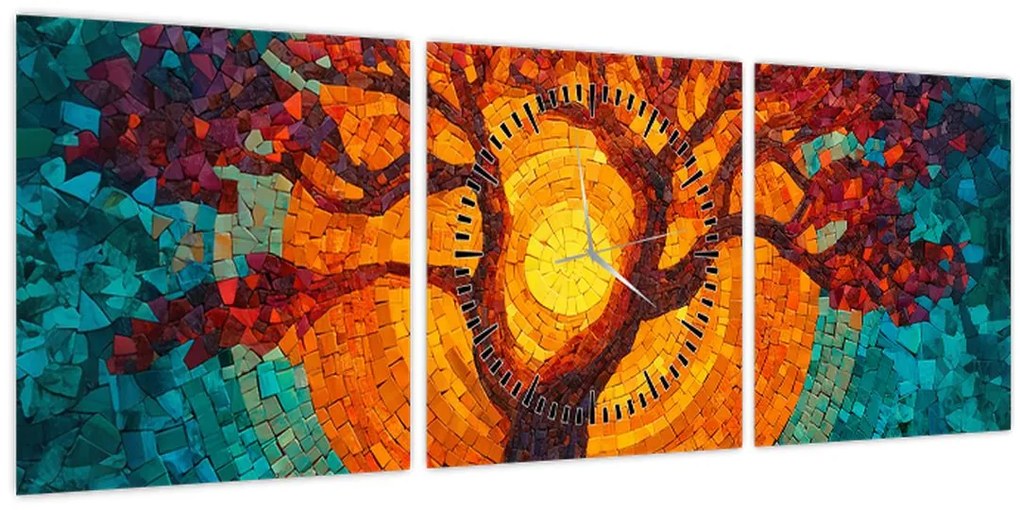 Obraz - Strom života a slunce v mozaice (s hodinami) (90x30 cm)