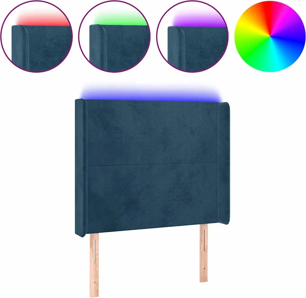 Čelo postele s LED tmavě modré 93 x 16 x 118/128 cm samet 3123808