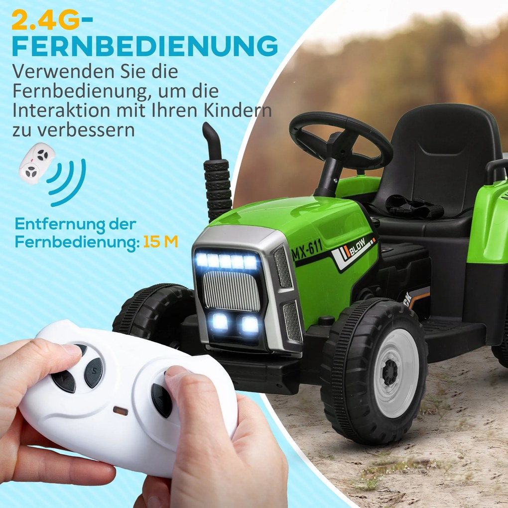 HOMCOM Elektrický traktor s přívěsem, dětské elektrické autíčko na dálkové ovládání, dětský traktor s funkcí MP3, světlomety