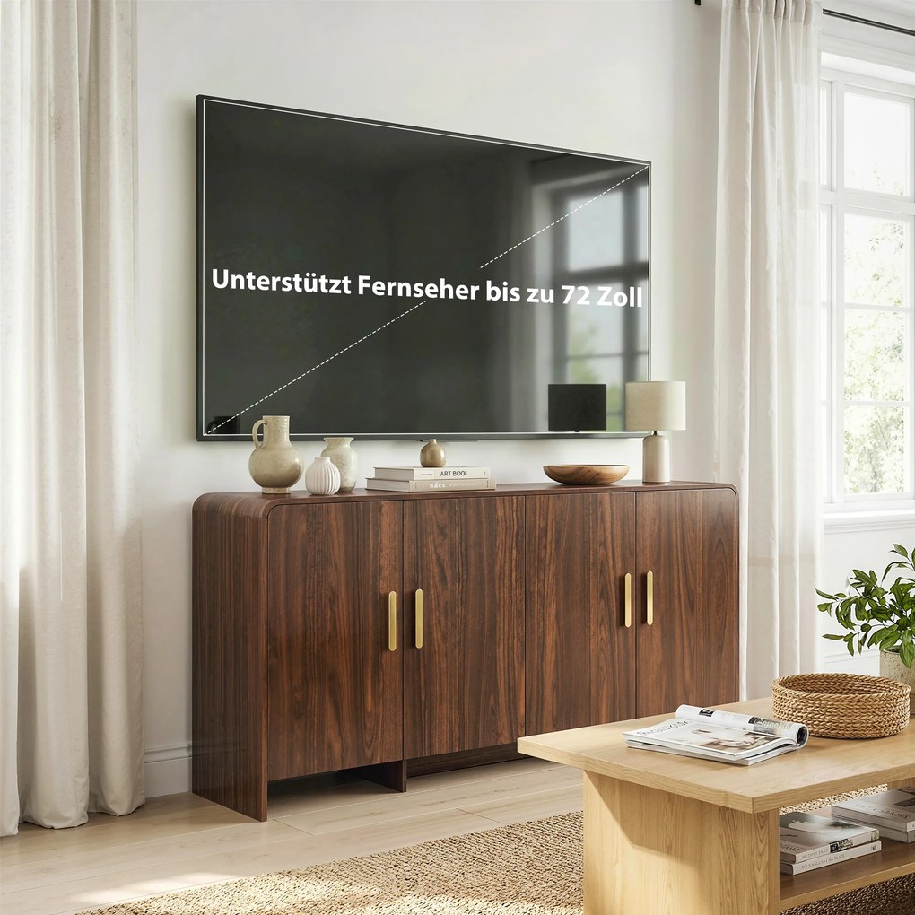 HOMCOM moderní komoda 152 cm, kredenc se 4 úložnými přihrádkami, tlumené dovírání, ořechová