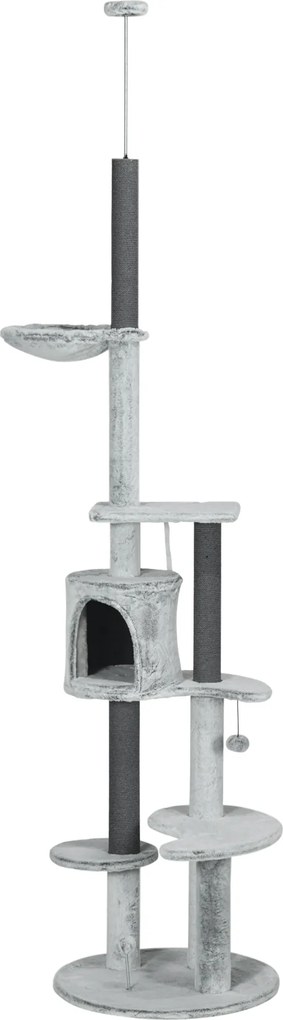 Stropní škrabadlo PawHut výškově nastavitelné 225-255 cm s ochranou proti překlopení Jeskyně pro kočky Škrabadla Hrací míč Grey | Aosom.de
