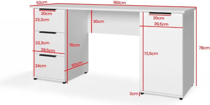 Bílý psací stůl Tivo 160 cm se skříňkou, zásuvkami a policemi - univerzální