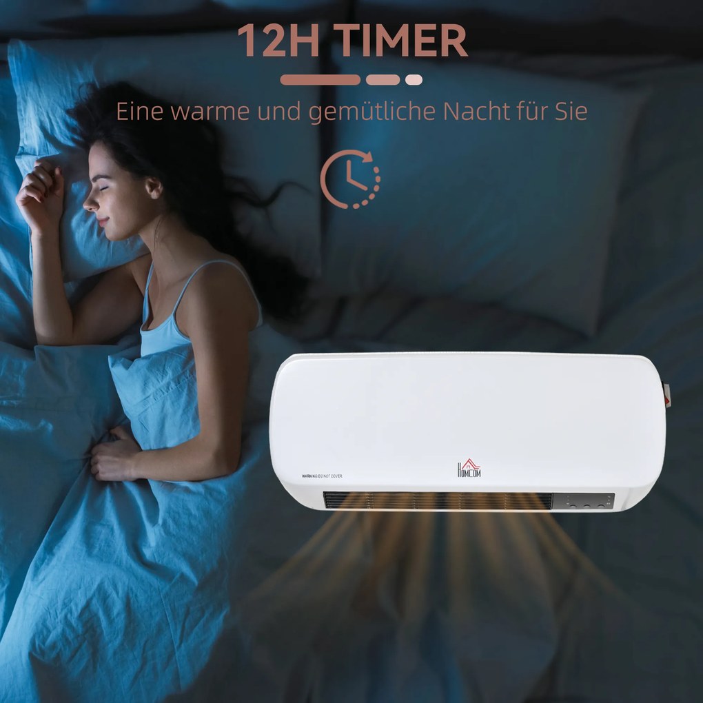HOMCOM Topný ventilátor na stěnu 2000W s dálkovým ovládáním, 2 topné režimy, LED displej, 12hodinový časovač pro koupelnu 820-254