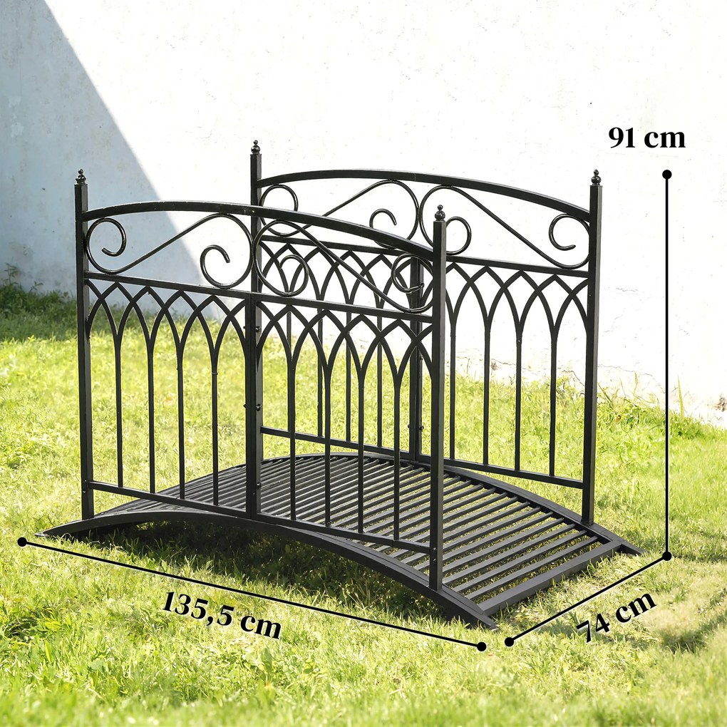 Outsunny kovový zahradní most 135,5 cm — ve starožitném stylu, odolný proti korozi, se zábradlím
