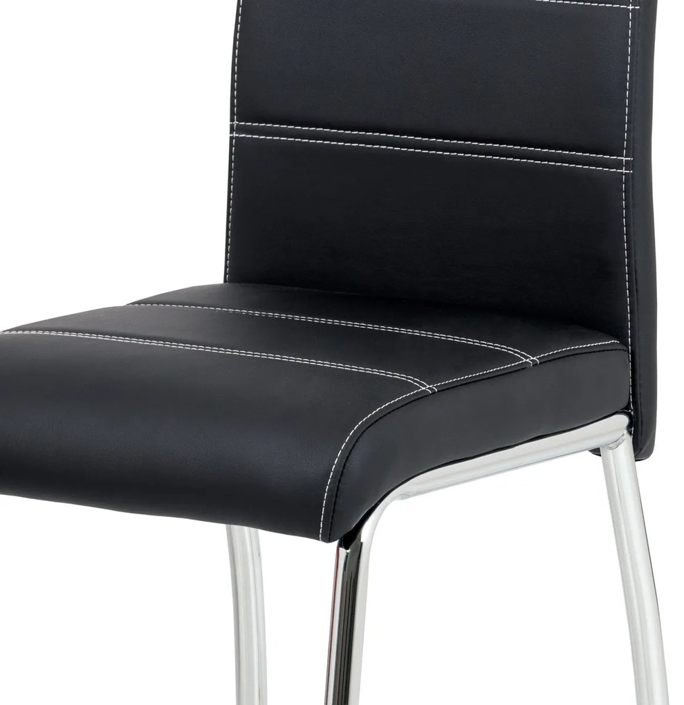 Jídelní židle, potah černá ekokůže, bílé prošití, kovová čtyřnohá chromovaná pod - HC-484 BK