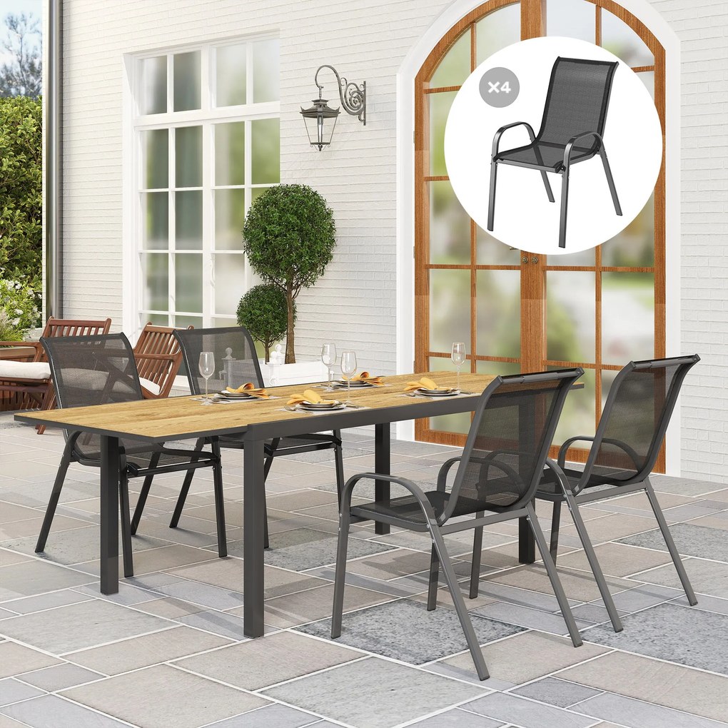Outsunny Sada 4 Zahradních Židlí pro Exteriér Stohovatelné Terasové Židle s Prodyšnou Tkaninou Ocelový Rám Područky a Vysoké Opěradlo 54x71x93 cm Čer…
