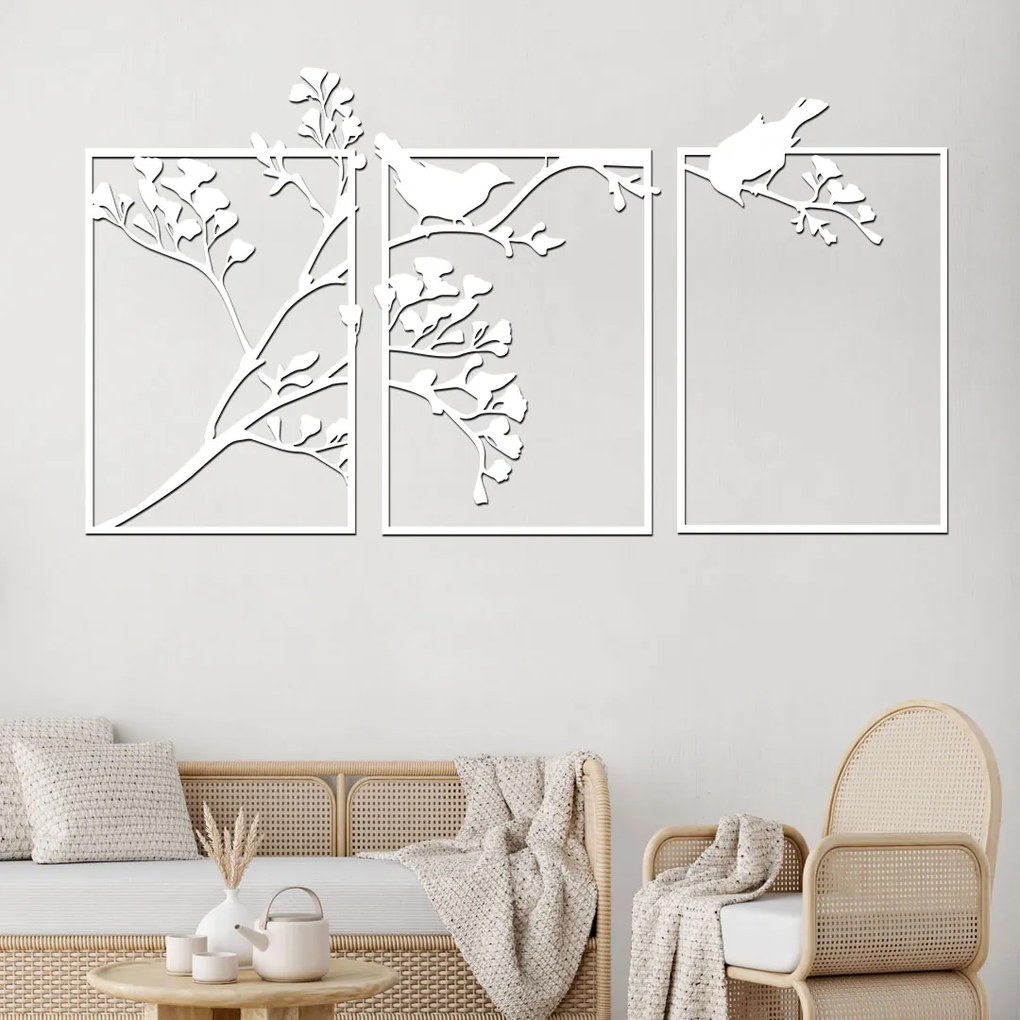 dřevo života 3 dílný dřevěný strom BIRD TREE Zvolte barvu dekoru: Bílá, Rozměry (cm): 147x80