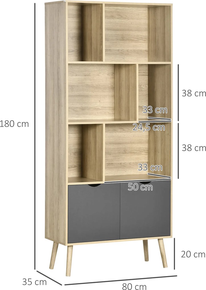 HOMCOM knihovní regál úložný regál skříň 6 polic rozměry 80D x 35Š x 180V cm přírodní a tmavě šedá