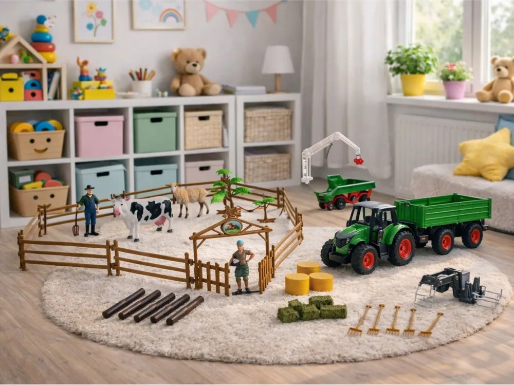 LEAN Toys Zemědělská sada: Traktor s přívěsem, zvířata, farmáři, farma, 45 dílů