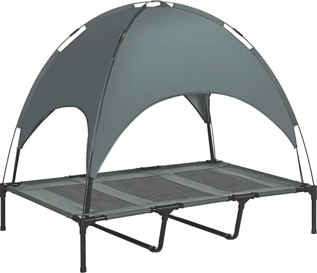 PawHut Elevované Psí Lůžko s Přístřeškem, Psí Postel, Venkovní Psí Lounge s Krytem, Prodyšné, Taftová Tkanina pro Kempování Šedá 122 x 92 x 108 cm