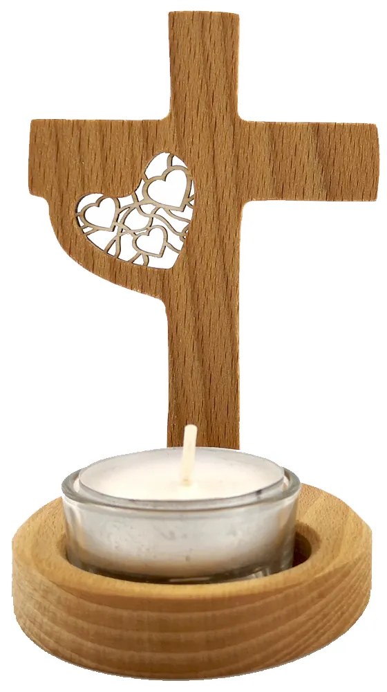 AMADEA Dřevěný svícen kříž z masivního dřeva s vkladem - srdce, výška 12 cm
